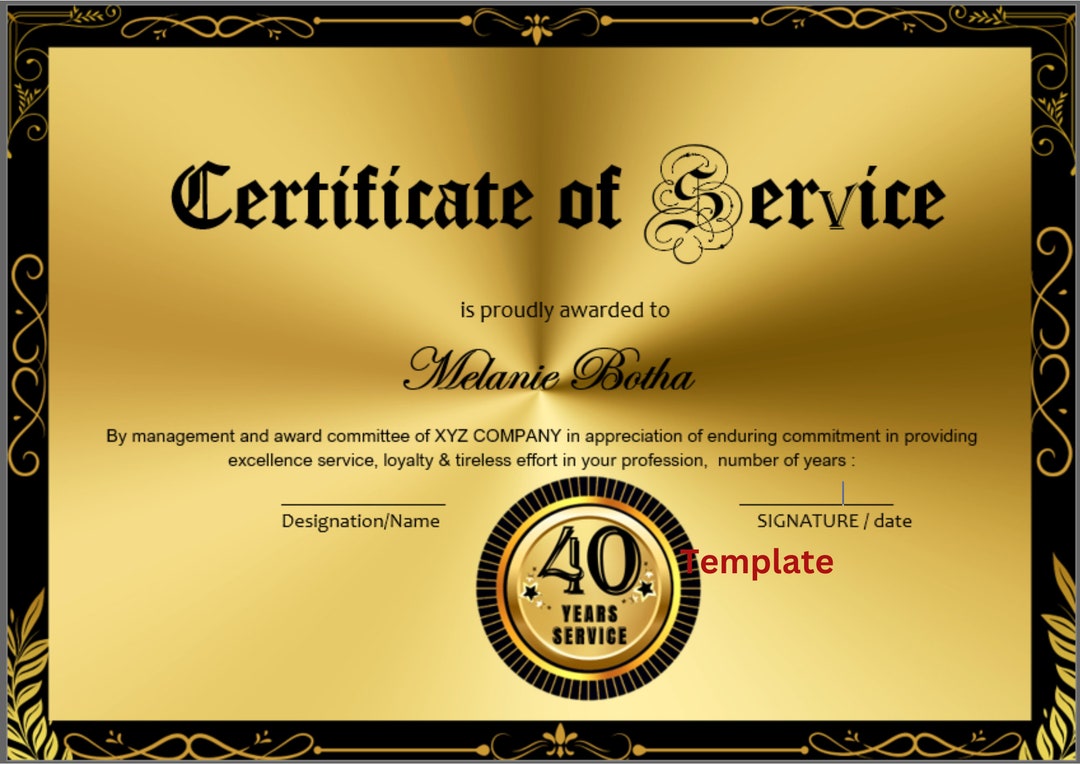 40 Years Service Certificate Template in Ms Word - Etsy