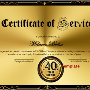 40 Years Service Certificate Template in Ms Word - Etsy