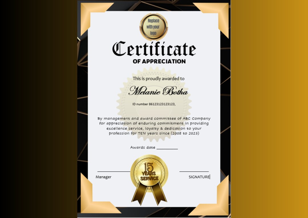 15 Years Service Award Certificate Template in Ms Word - Etsy