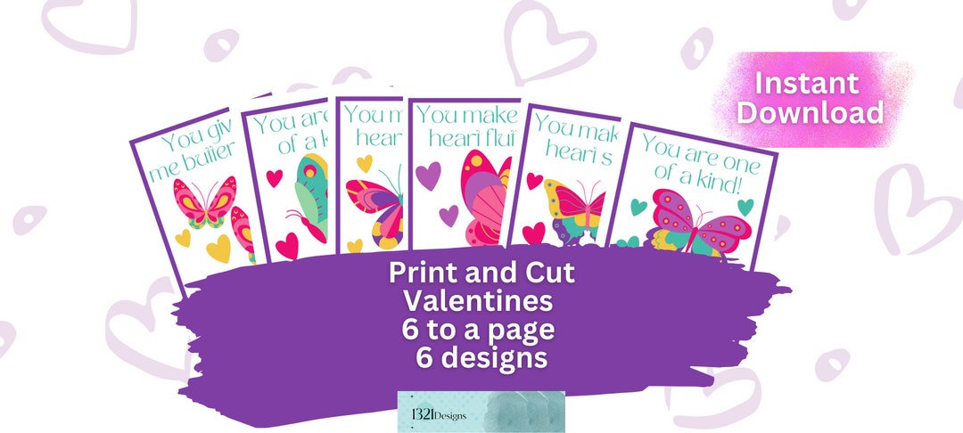 Butterfly Valentine's Day Cards, Printable Instant Download, Preschool ...