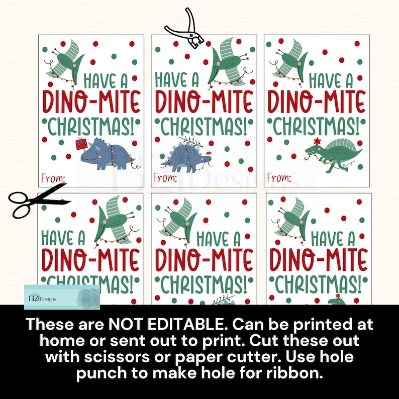 Christmas Dinosaur Gift Tag, Printable, Digital Download, Dino ...