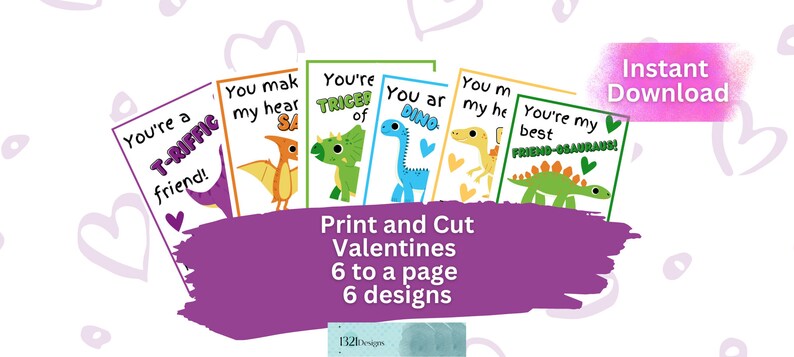 Dinosaur Valentine's Cards Printable Digital Download Preschool ...
