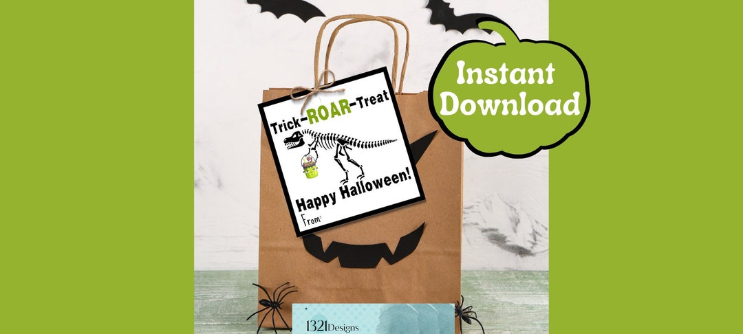 Printable Dinosaur Halloween Tags, Dinosaur Skeleton Gift Tags ...