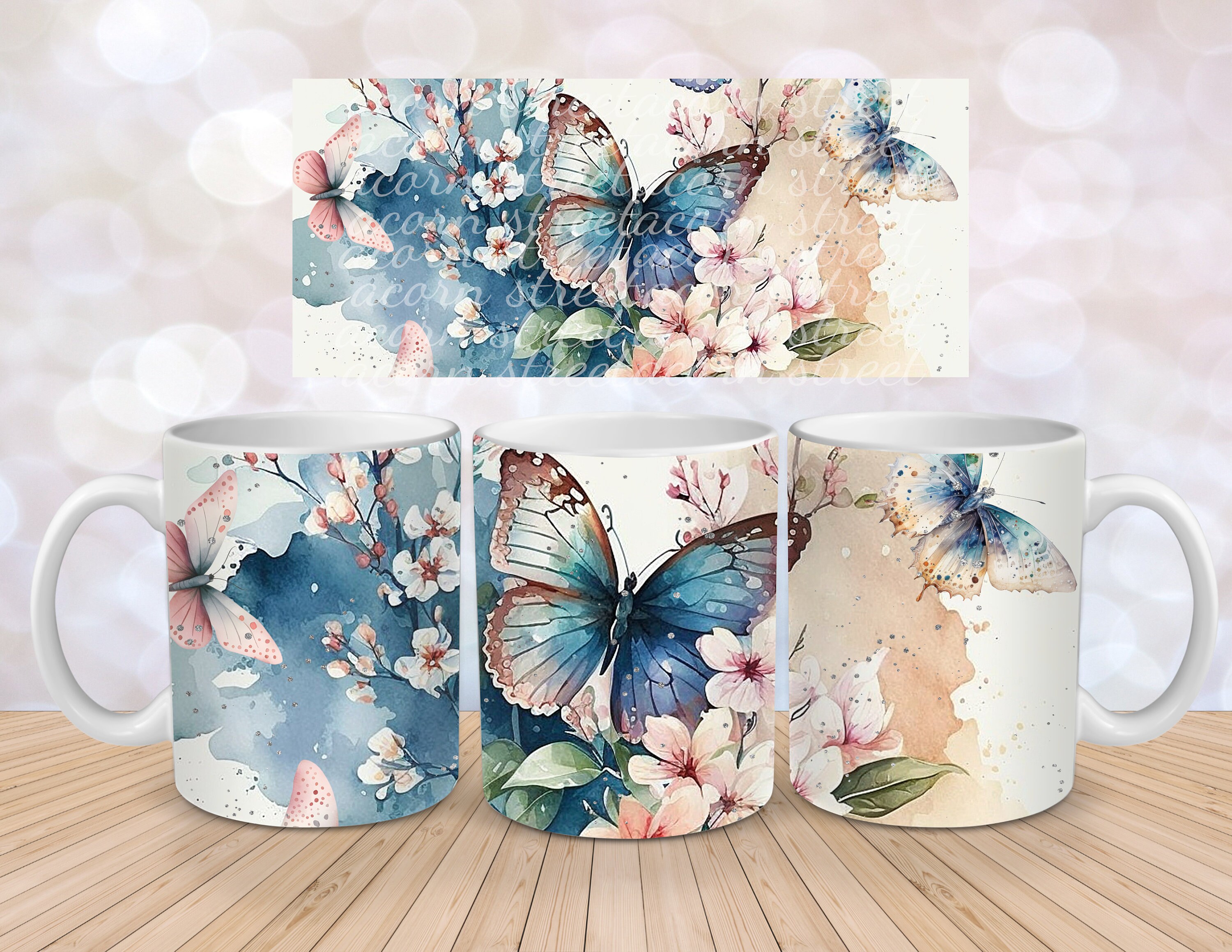 Blue Butterfly Pink Tree Flower Sublimation Instant Digital - Etsy