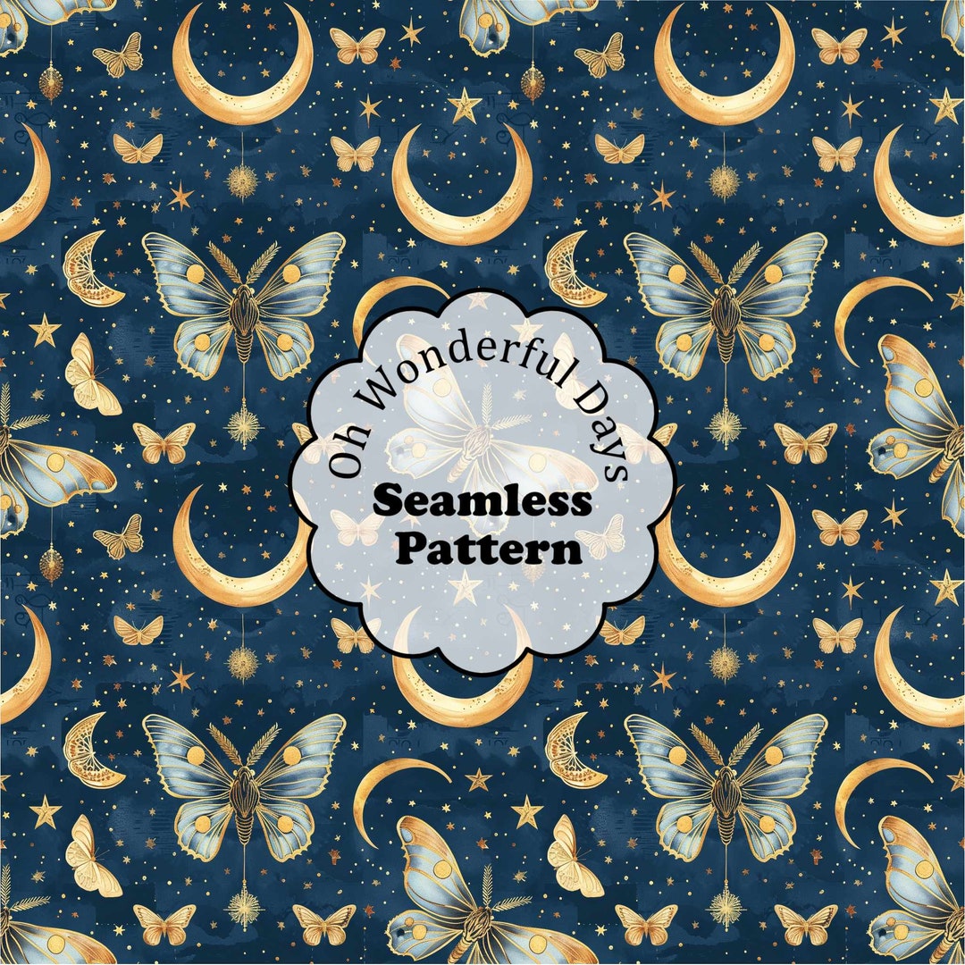 Gold Blue Moth and Moon Seamless Pattern Digital Repeating Sublimation ...