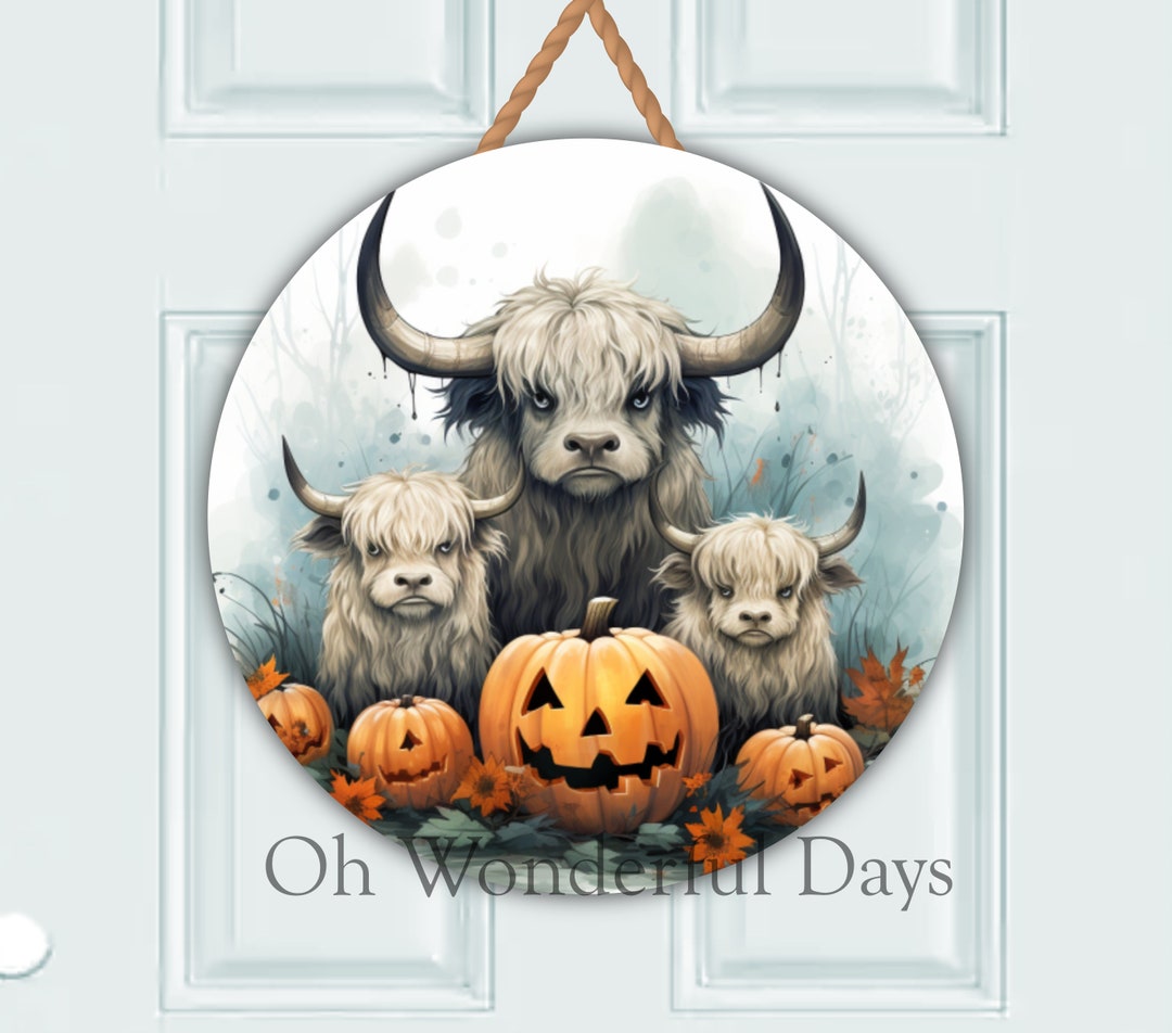 Ghost Highland Cow Pumpkin Welcome Round Sublimation Door - Etsy
