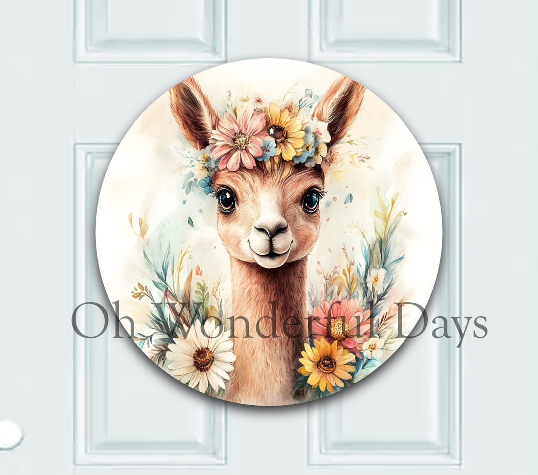 Alpaca With Flower Crown Welcome Sign Round Sublimation Door Hanger PNG ...