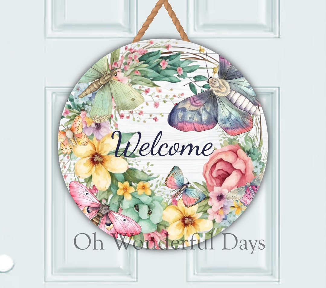 Moth Flower Butterfly Welcome Floral Round Sublimation Door Hanger PNG ...