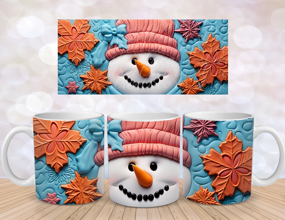 3D Snowmen Face Snowflakes Christmas Puffy Mug Wrap Sublimation Design ...