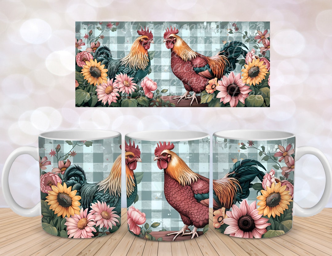 Chickens With Flower Sunflowers Blue Checks Sublimation Instant Digital ...