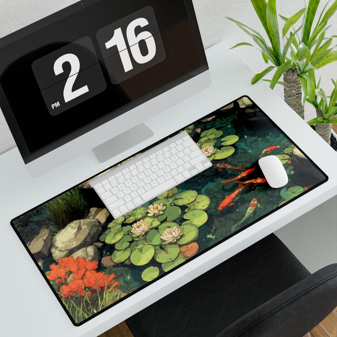 Koi Pond Desk Mat, Tranquil Water Lilies, Japanese Garden Art, Serene ...