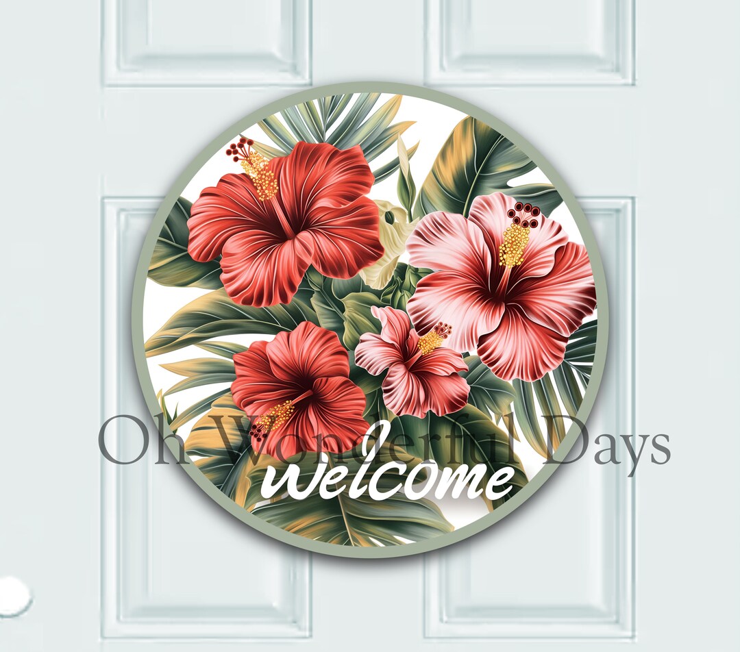 Pink Hibiscus Colorful Welcome Sign Round Sublimation Door Hanger PNG ...