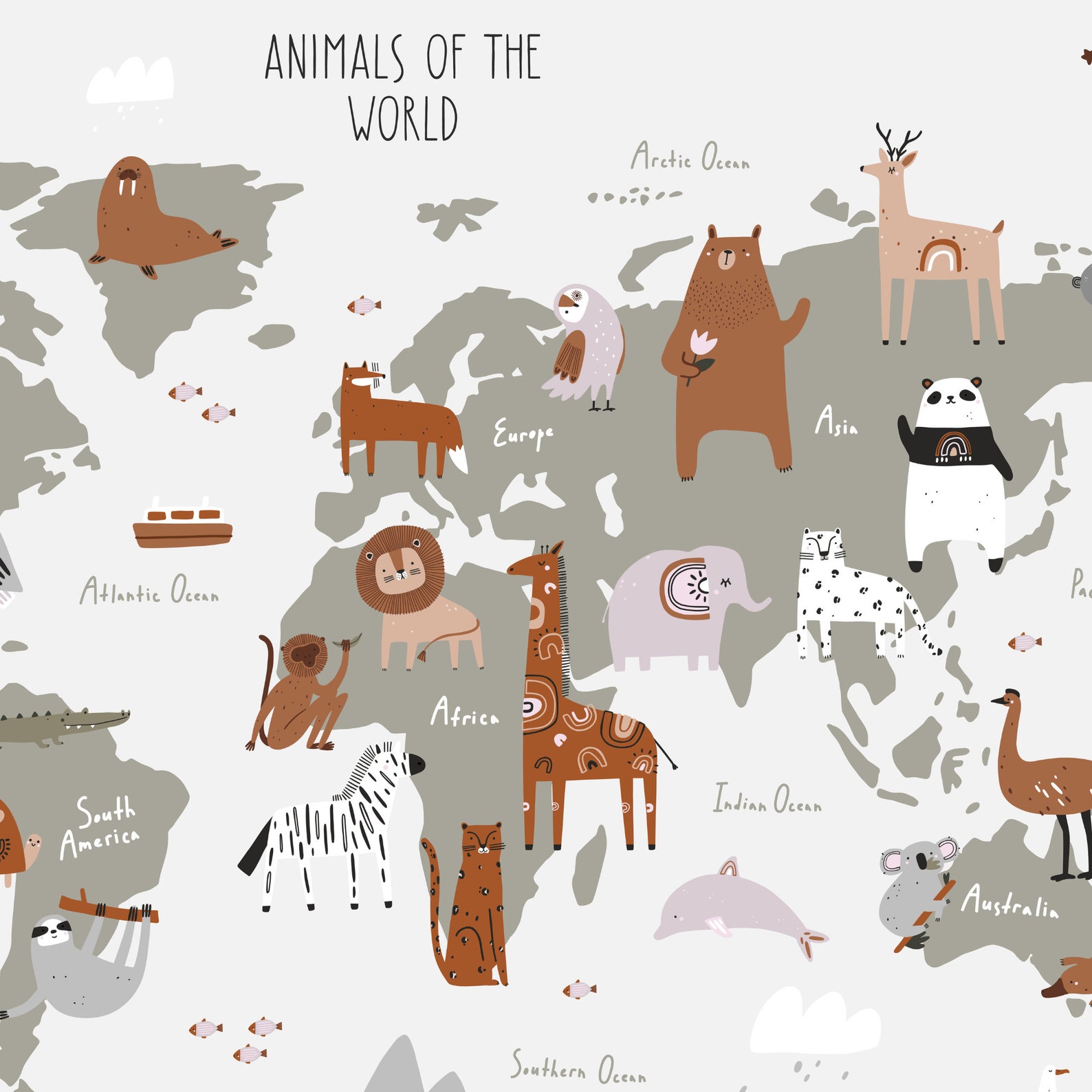 Animal World Map, Kid's World Map, Map of the World, Educational Print ...