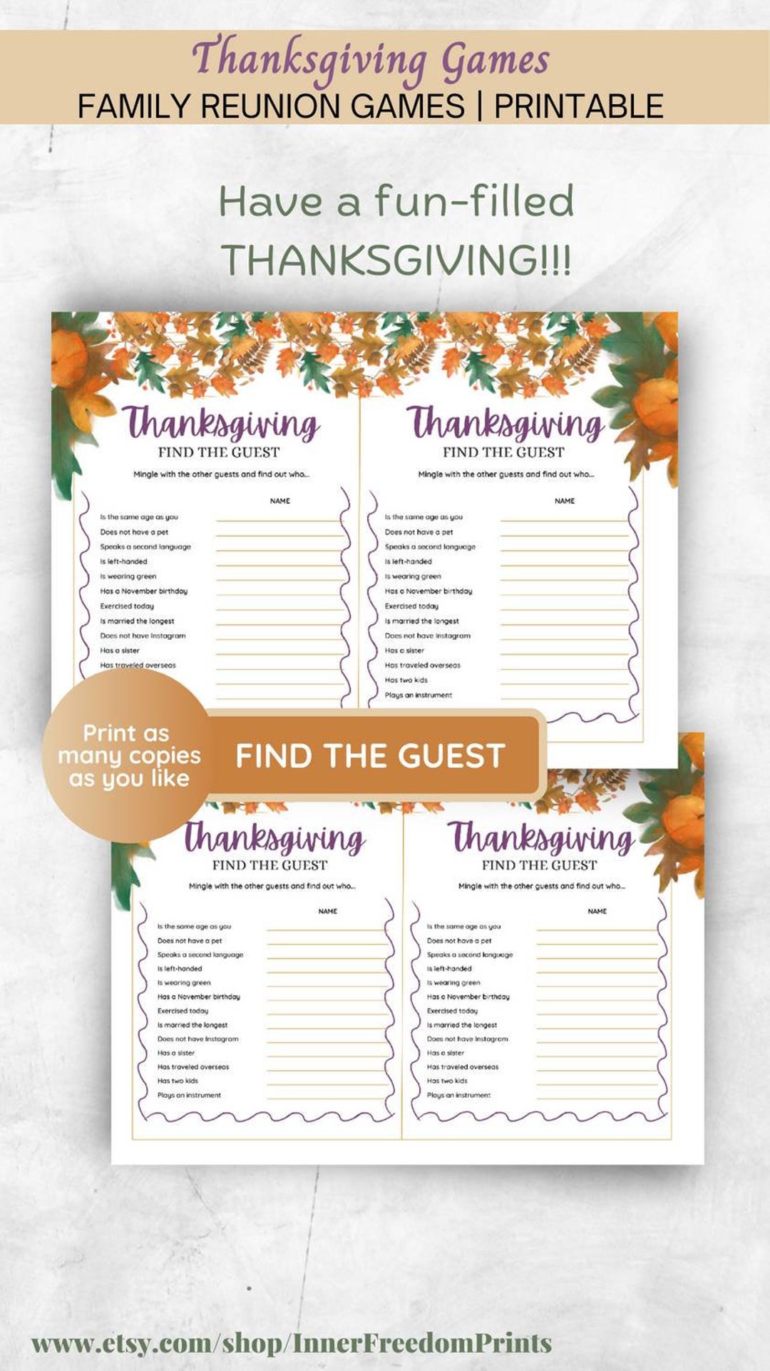 THANKSGIVING GAMES | Find the Guest | Thanksgiving Activities - Etsy