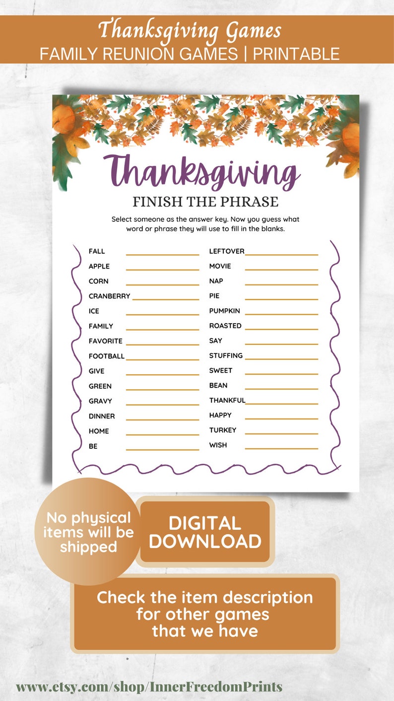 THANKSGIVING GAMES Finish the Phrase Thanksgiving Activities - Etsy