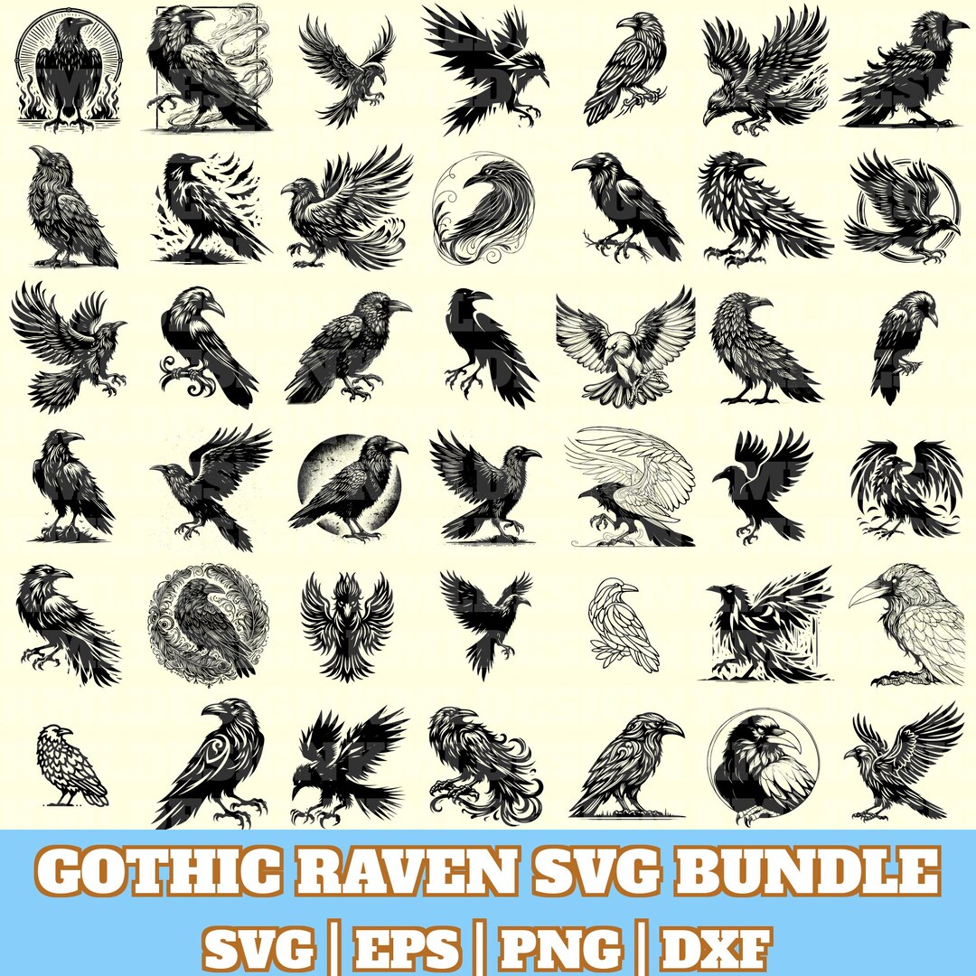 Raven Svg Bundle, Gothic Raven Vector, Raven Silhouette, Raven Svg PNG ...