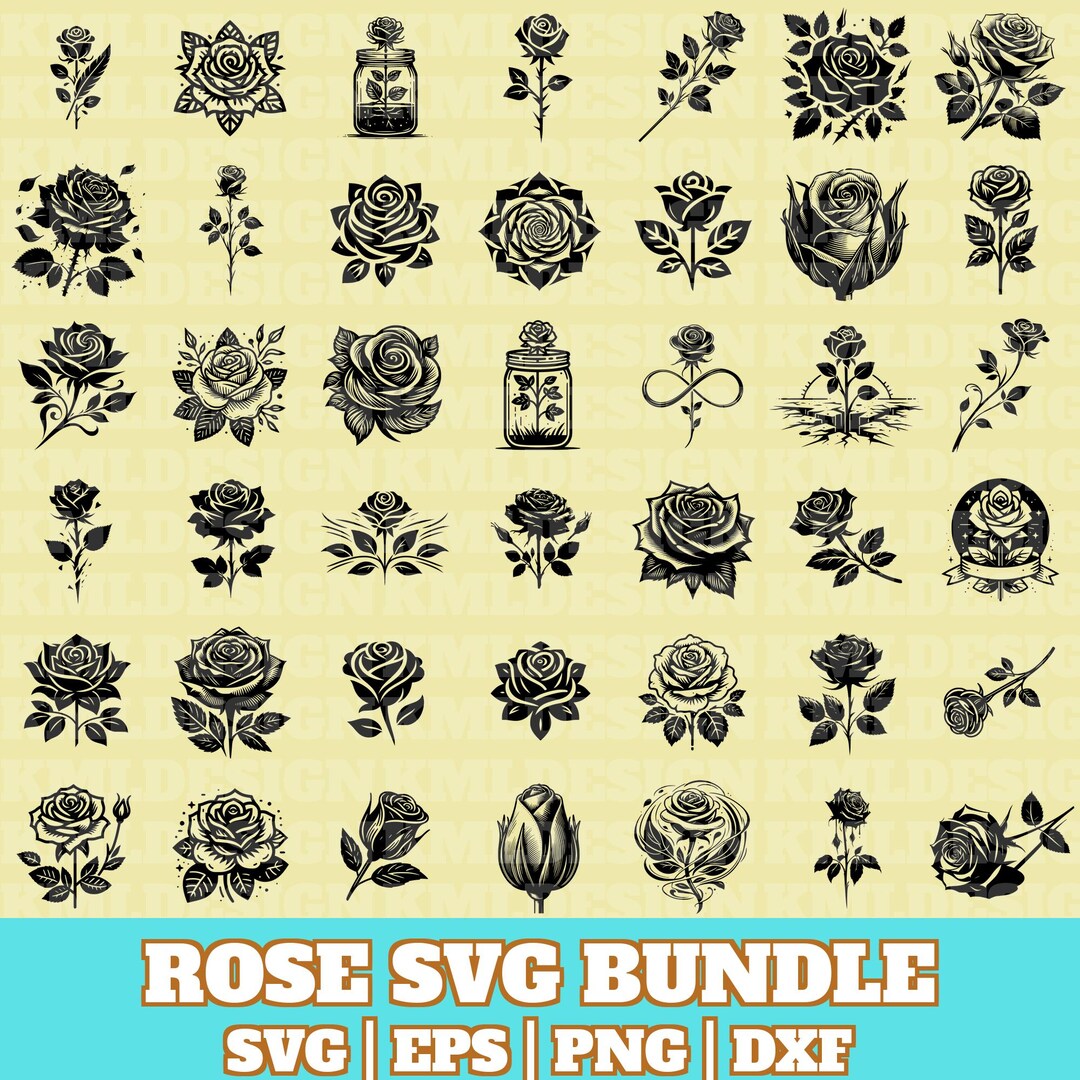 Rose Svg Bundle, Vintage Rose Silhouette, Flowers Vector, Floral Tattoo ...