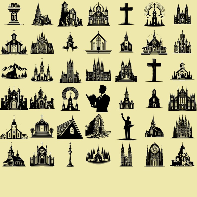 Church Svg Bundle, Gothic Cathedral Silhouette, Church House Vector, Medieval Church Designs ...