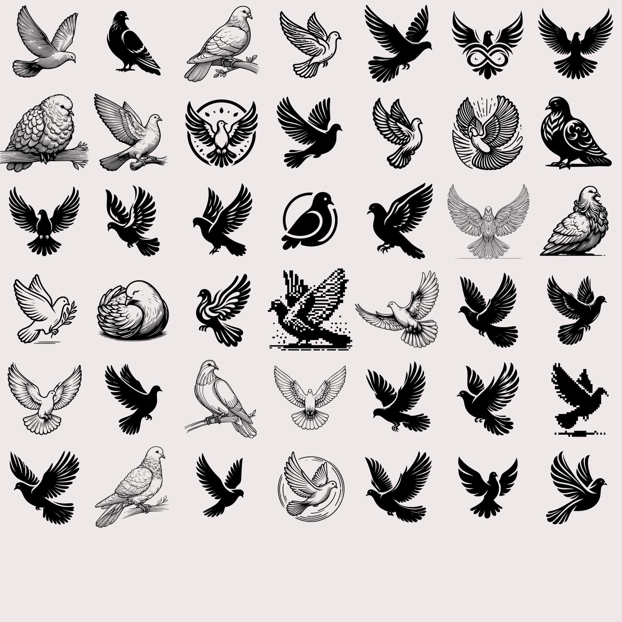 Doves Svg Bundle, Pigeon Vector, Pigeon Silhouette, Hand Drawn Doves ...