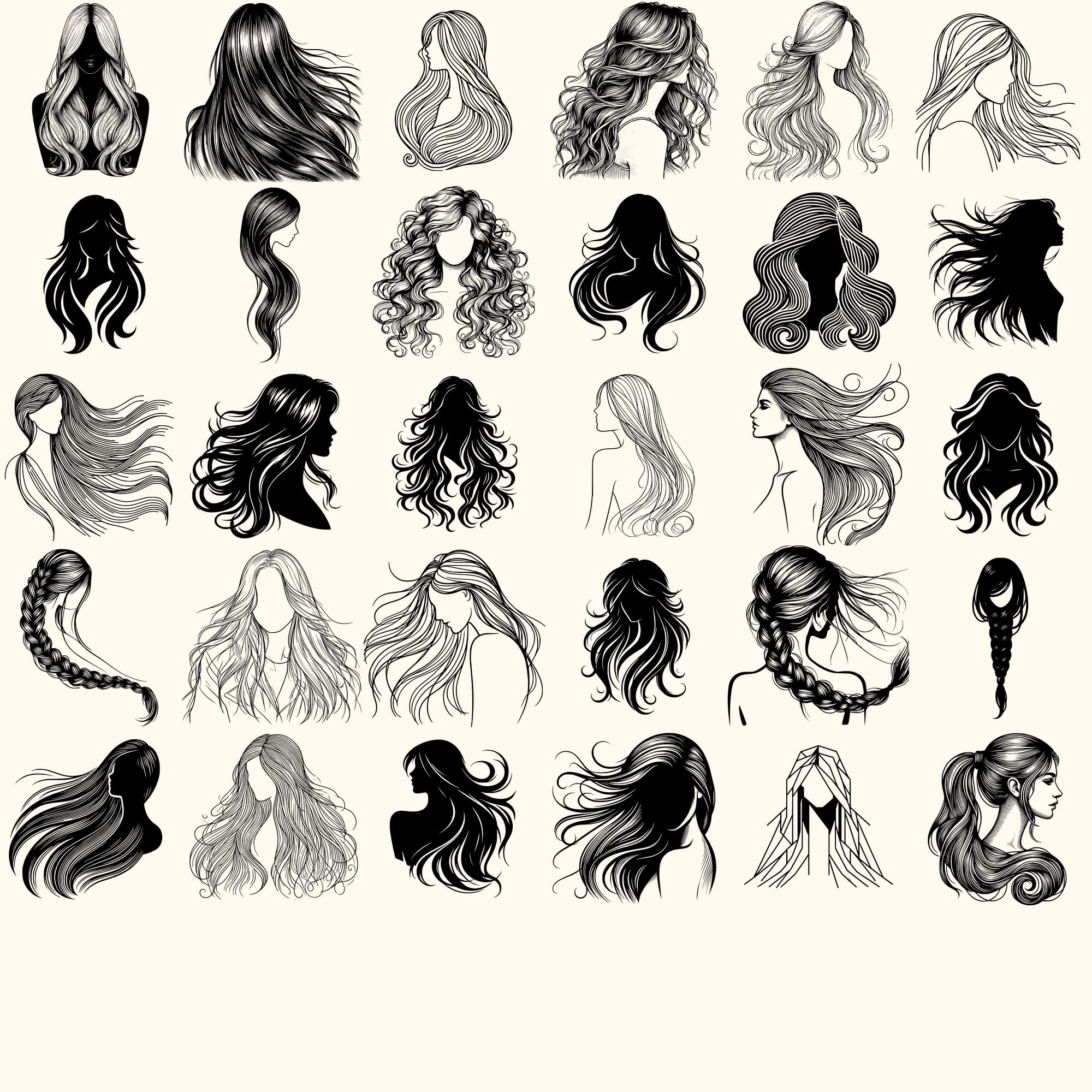 Long Hair Svg Bundle, Long Hair Vector, Long Hair Silhouette, Long Hair ...