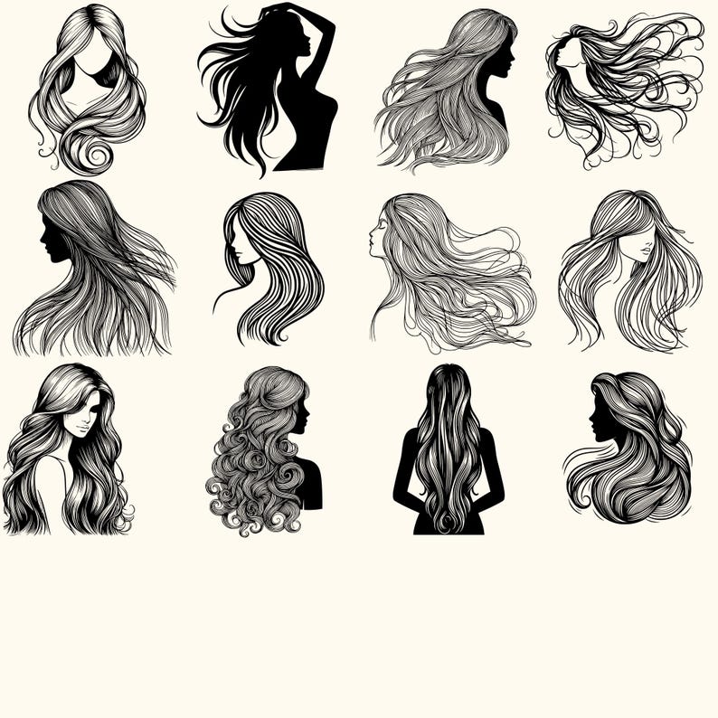 Long Hair Svg Bundle, Long Hair Vector, Long Hair Silhouette, Long Hair ...