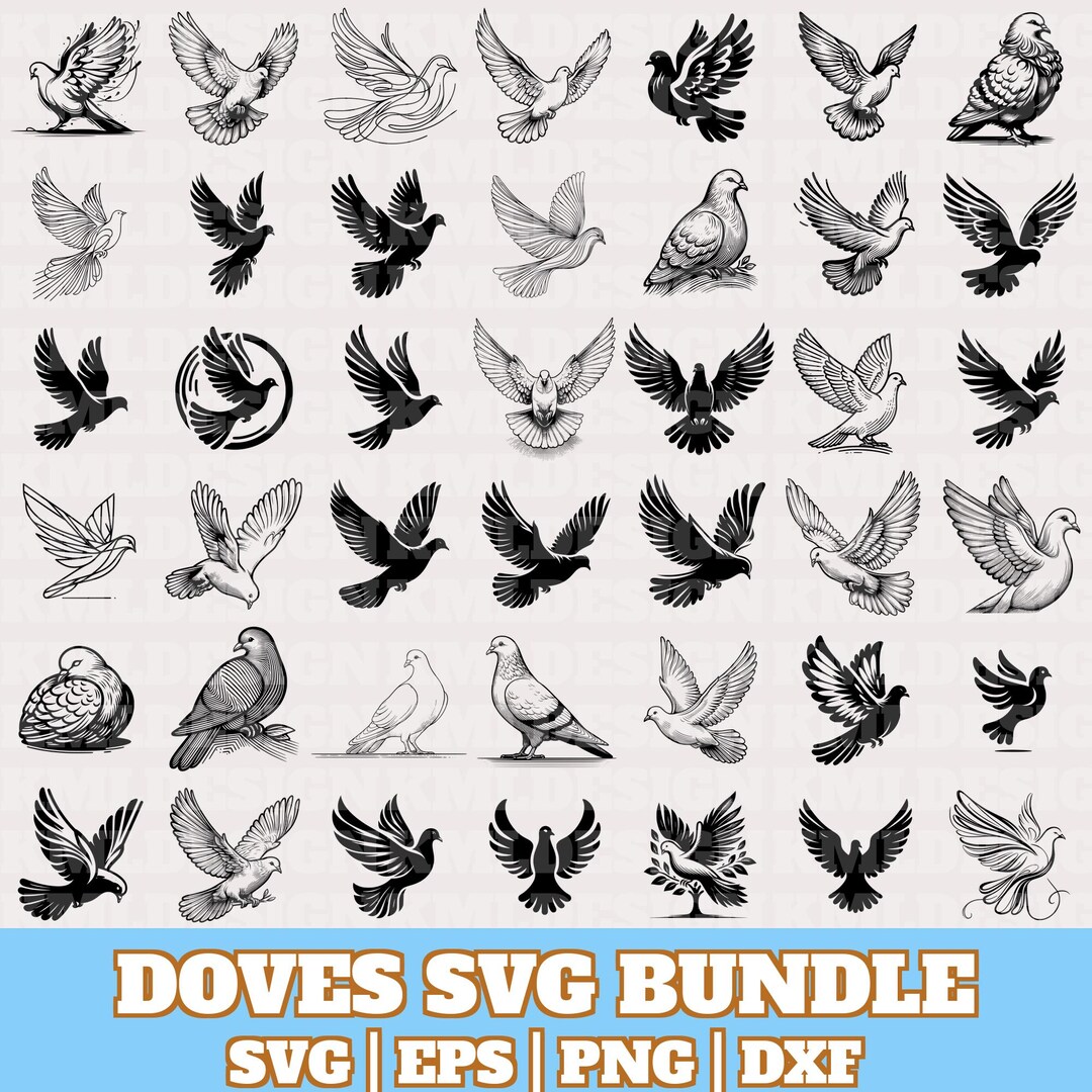Doves Svg Bundle, Pigeon Vector, Pigeon Silhouette, Hand Drawn Doves ...