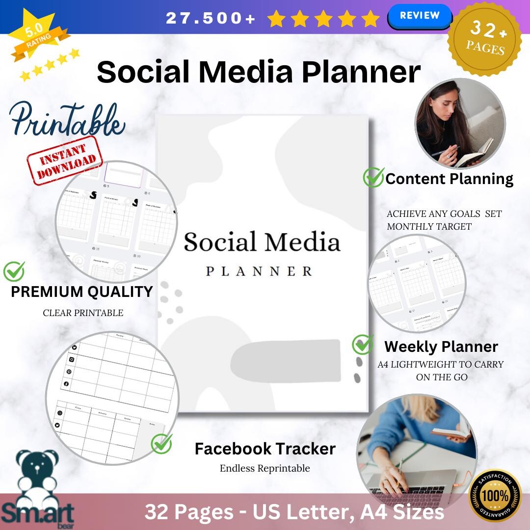 Social Media Planner Editable PDF- Daily & Weekly Content Calendar for ...