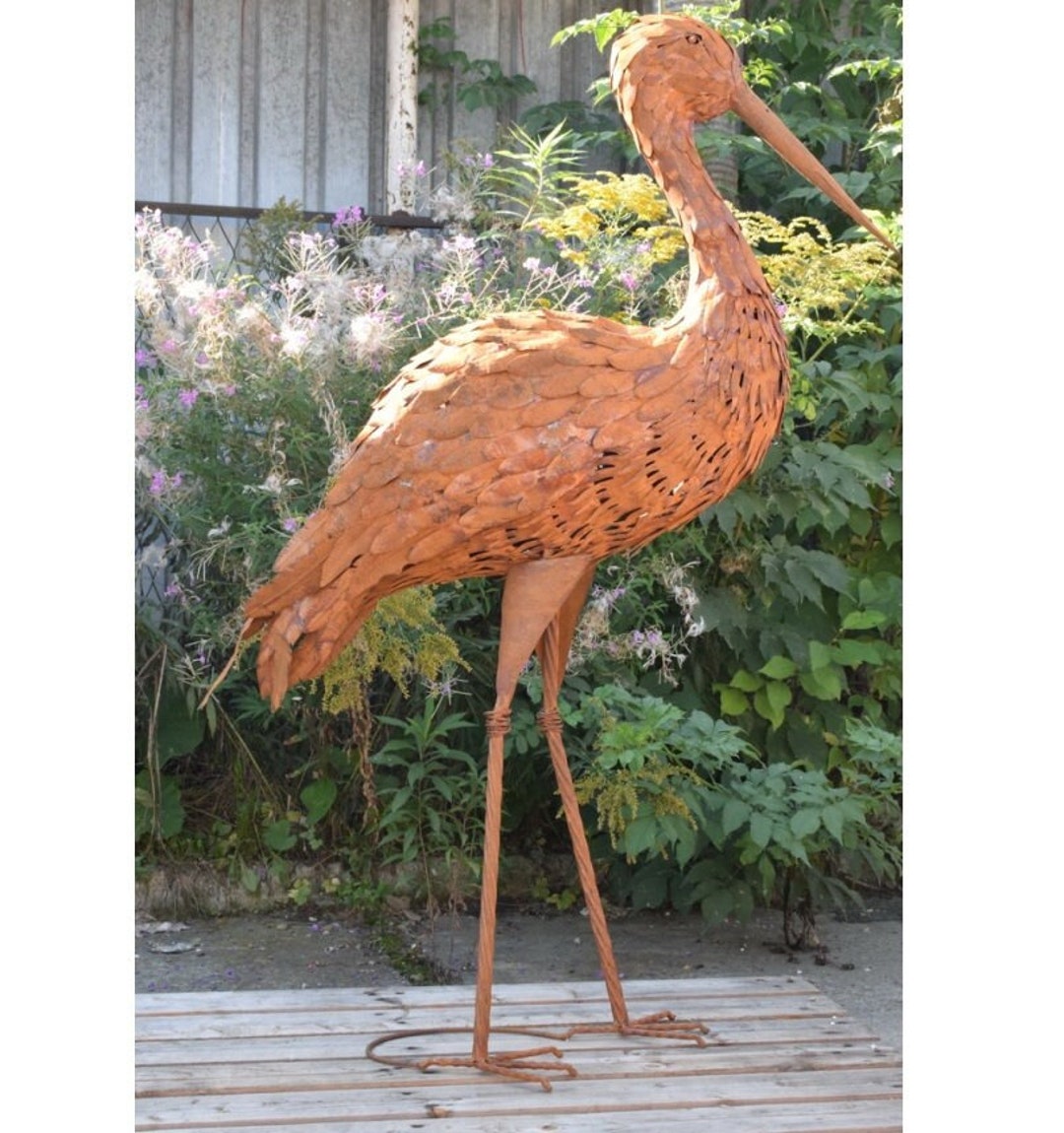 Large Iron Stork Garden Statue: Rustic Metal Bird Art - Etsy