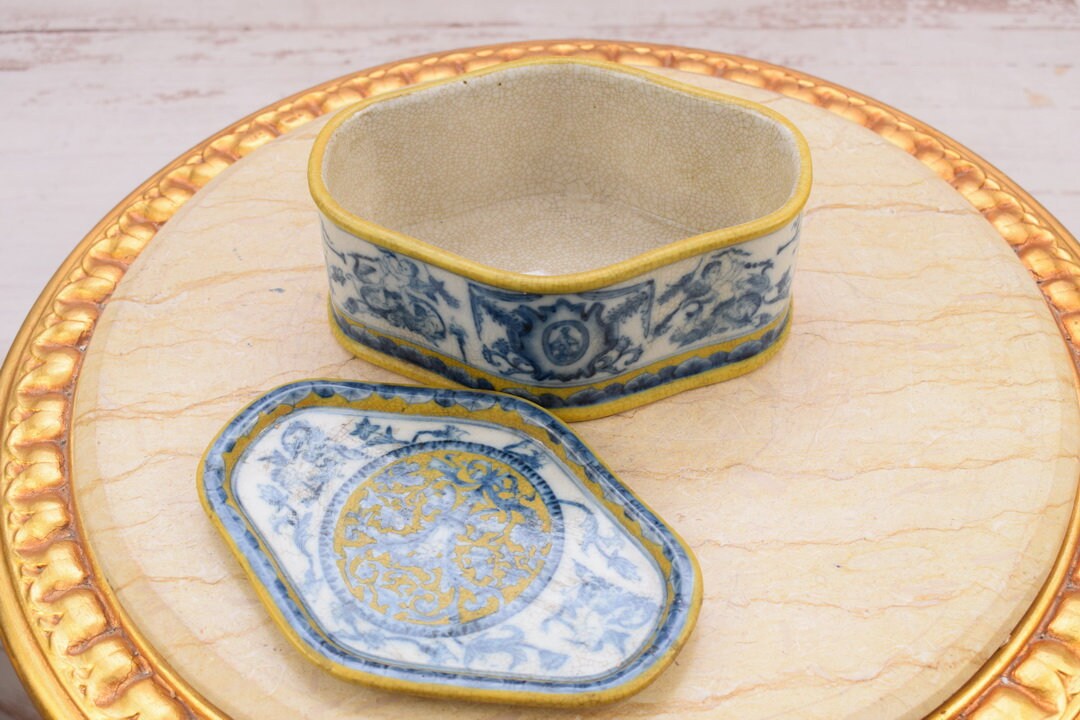 Antique Blue Porcelain Casket - Art Nouveau Porcelain Box - Painted ...