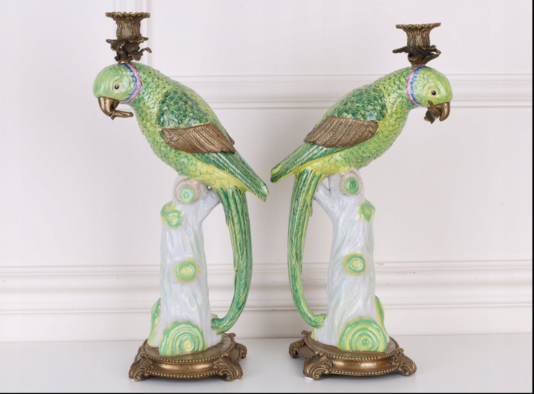 Pair Porcelain Candlesticks With Bronze Ornaments Candlesticks Green ...