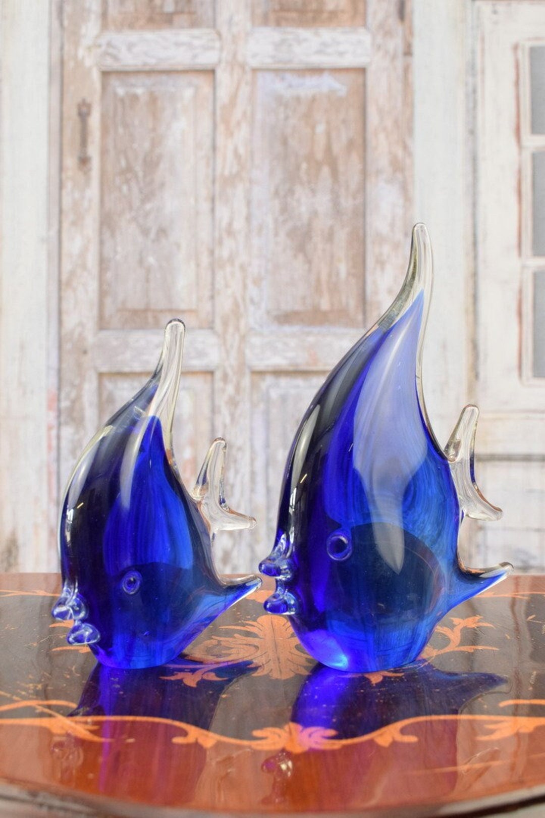 Set of 2 Blue Angelfish Glass Sculptures - Fish Statue Set Made of ...
