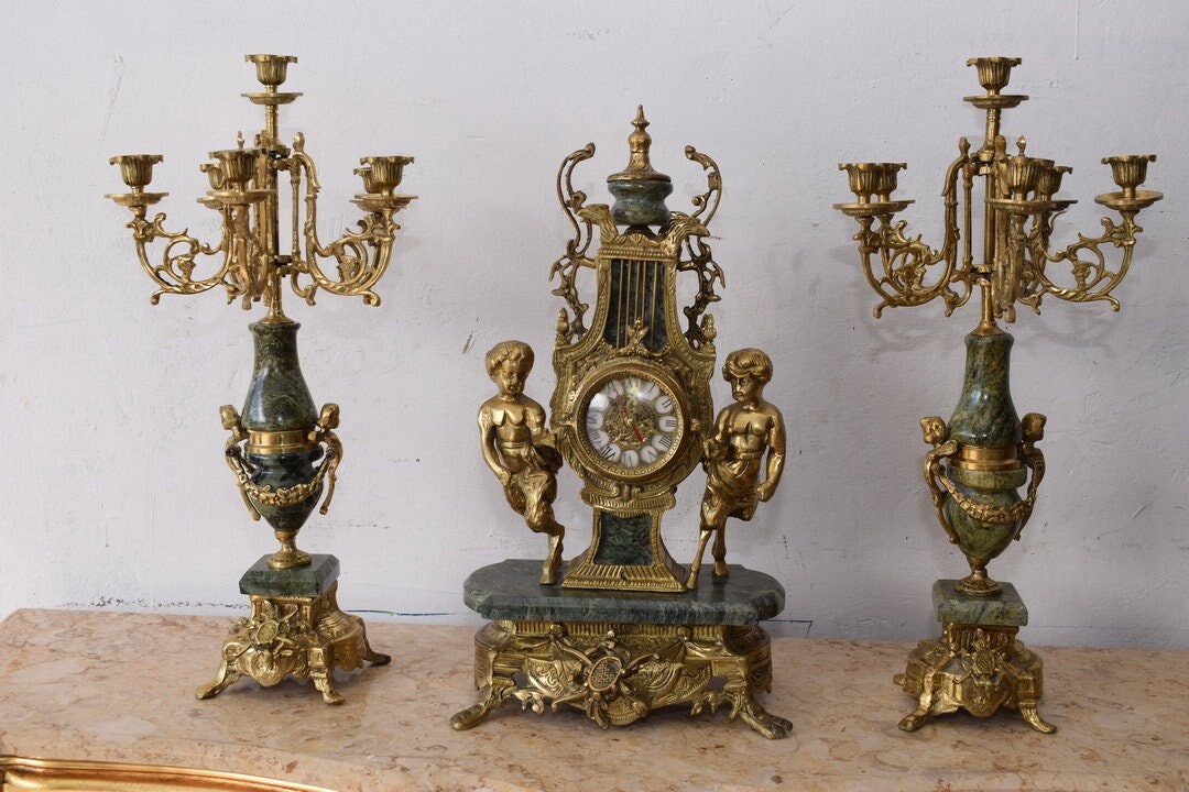 Two Candelabra and Clock - Brass and Marble Baroque Candle Holders ...