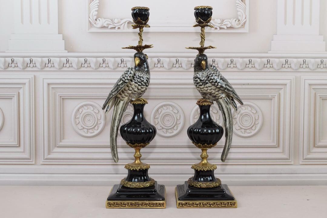 Pair Porcelain Candlesticks - Parrots Design - Porcelain and Bronze ...
