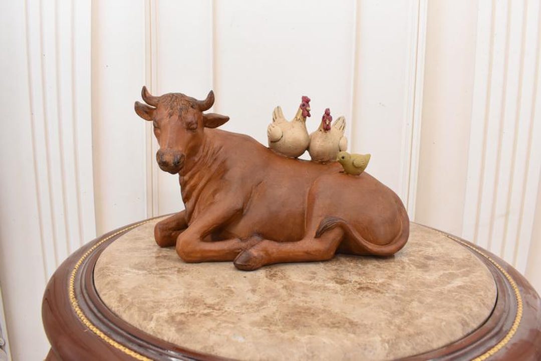 Whimsical Cow Garden Statue With Chickens: Rustic Farmhouse Decor - Etsy