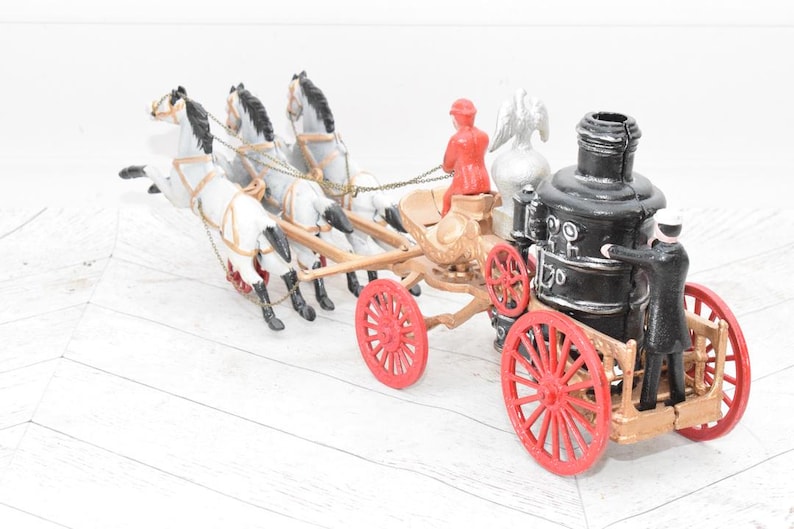 Vintage Cast Iron Fire Truck & Horse Carriage Figurine: Hand-painted ...