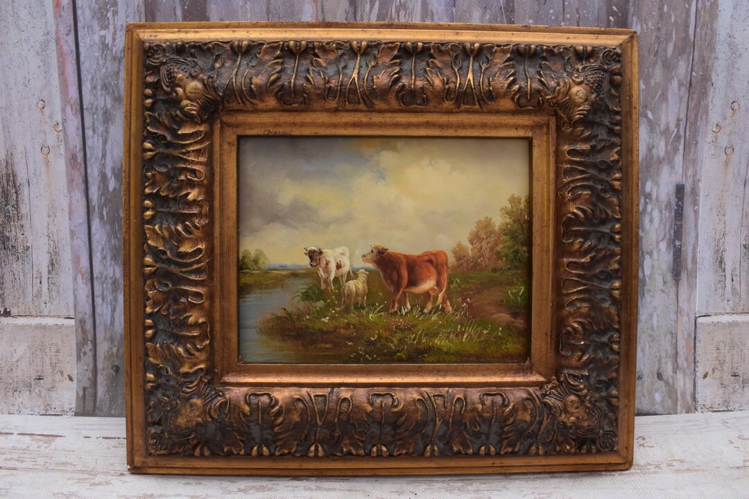 Painting Two Cows Nice Goldene Frame French Landscape Painting Art Old ...