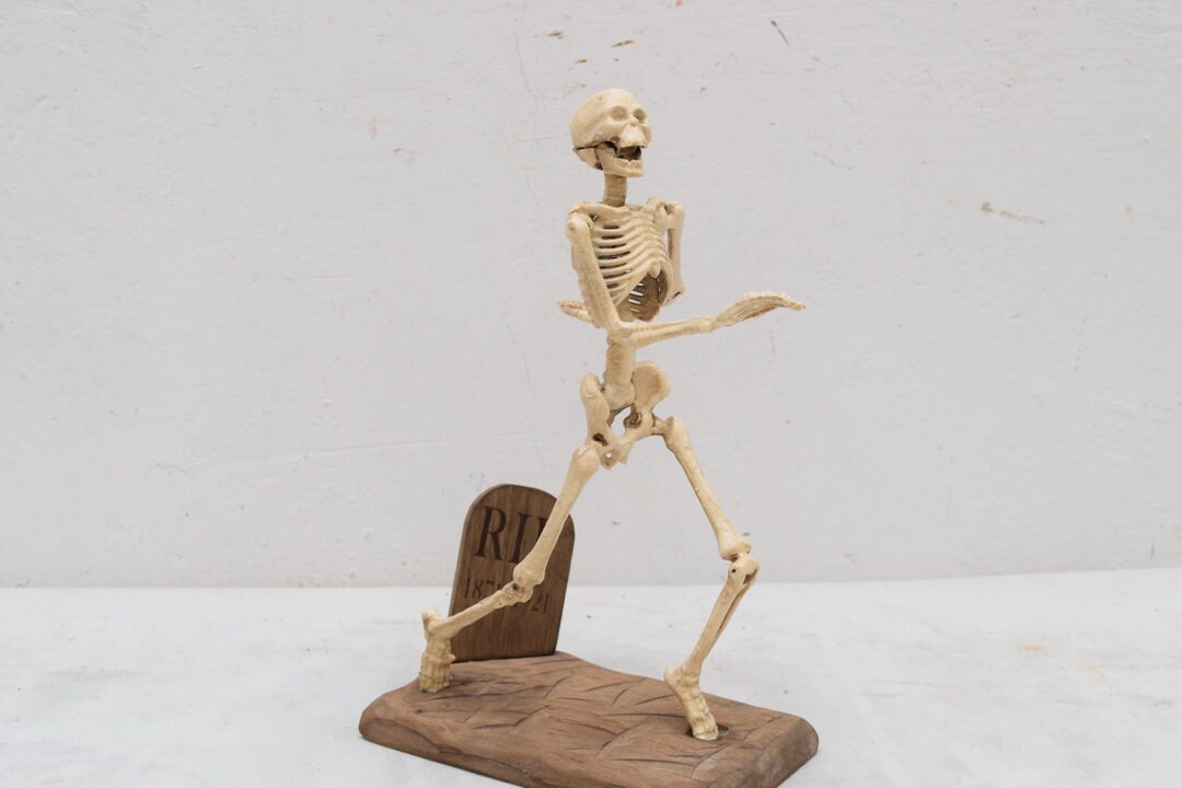 Cast Iron Walking Skeleton on Wooden Base Skull Modernist Statue ...