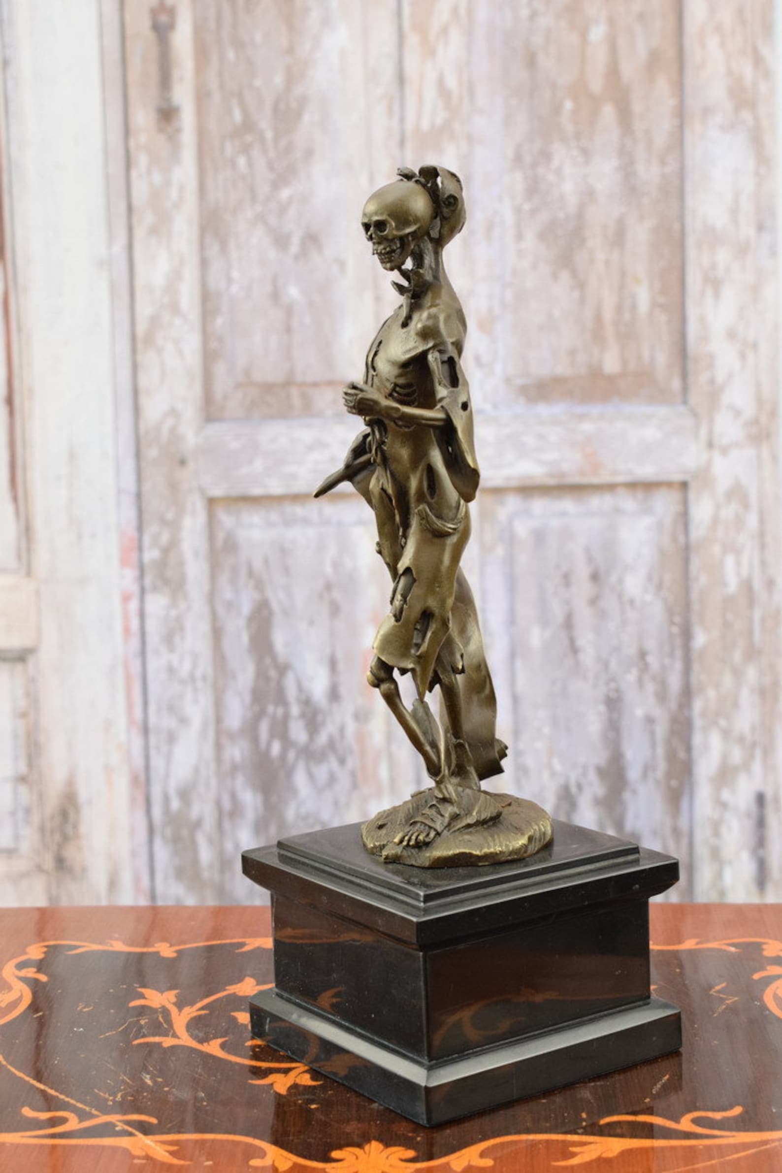 Memento Mori Bronze Sculpture: Skeleton Farewell on Marble Base - Etsy