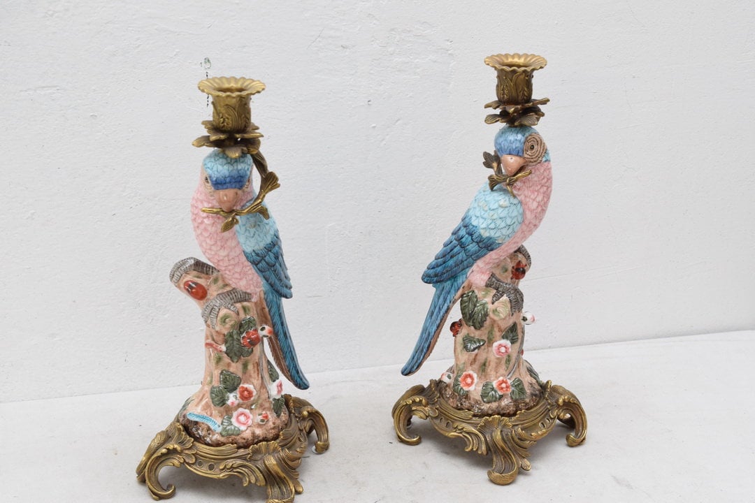 Art Deco Parrot Candlesticks: Porcelain With Bronze Ornaments, Pair - Etsy