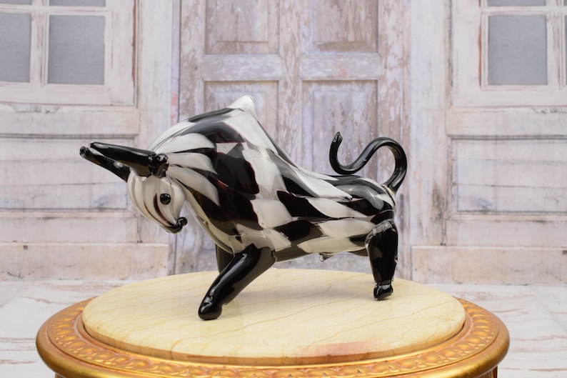 Handcrafted Murano Glass Bull Statue: Black & White Italian Sculpture ...