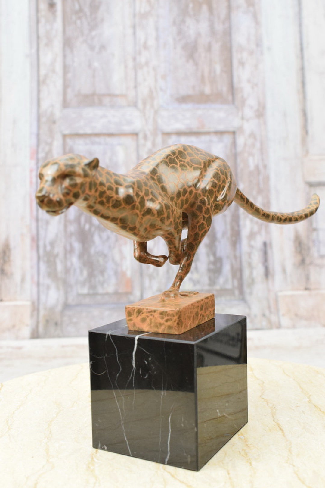 Spotted Cheetah Running Bronze Sculpture - Cougar Figurine on Marble ...