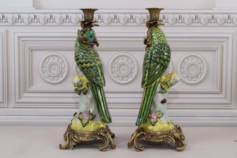 Porcelain Parrot Candlesticks: Bronze Regency Boho Decor Pair - Etsy
