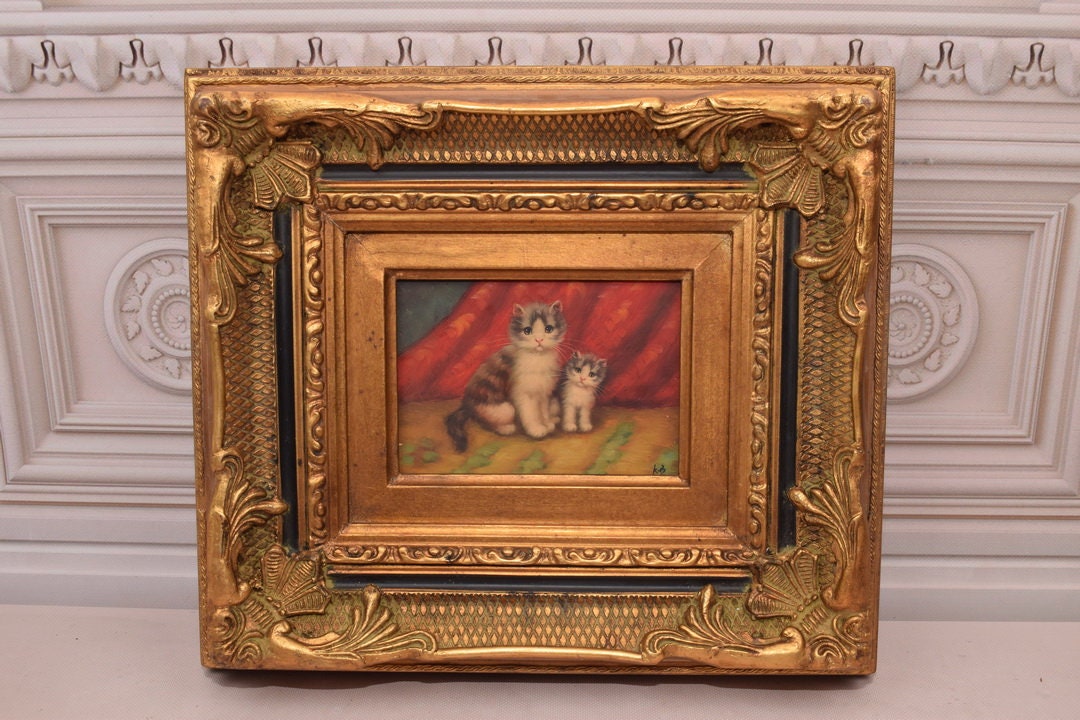 Amazing Painting Two Cats - Cat Painting in Nice Gold Frame - Wall ...