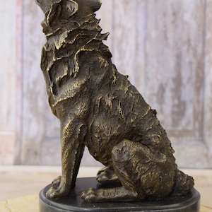 Realistic Sitting Howling Wolf Bronze Sculpture - Wolf Statue on Marble ...