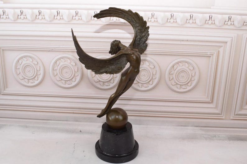 Icarus Bronze Sculpture: Winged Woman Art Nouveau Figurine on Marble - Etsy
