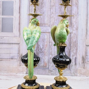 Green Pair Parrots Set Porcelain With Bronze Candlestick, Regency ...