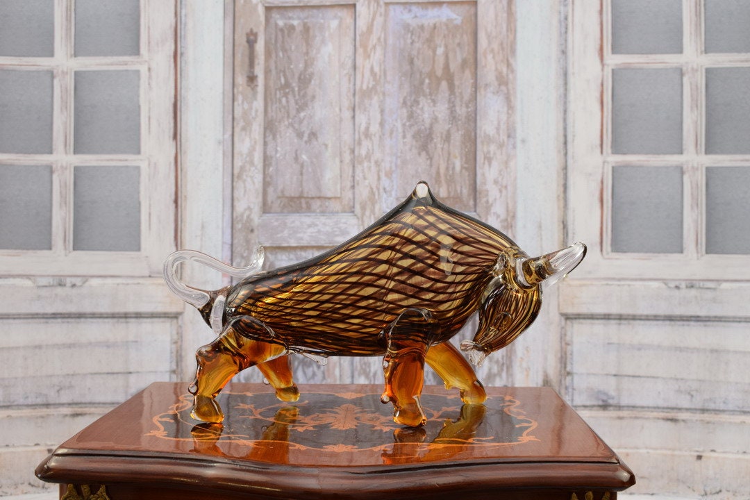 Big Handcrafted Murano Glass Bull Statue Brown Bull Sculpture Italian ...