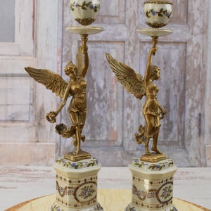 Amazing Pair Porcelain With Bronze Candlesticks - Two Victories Bronze ...