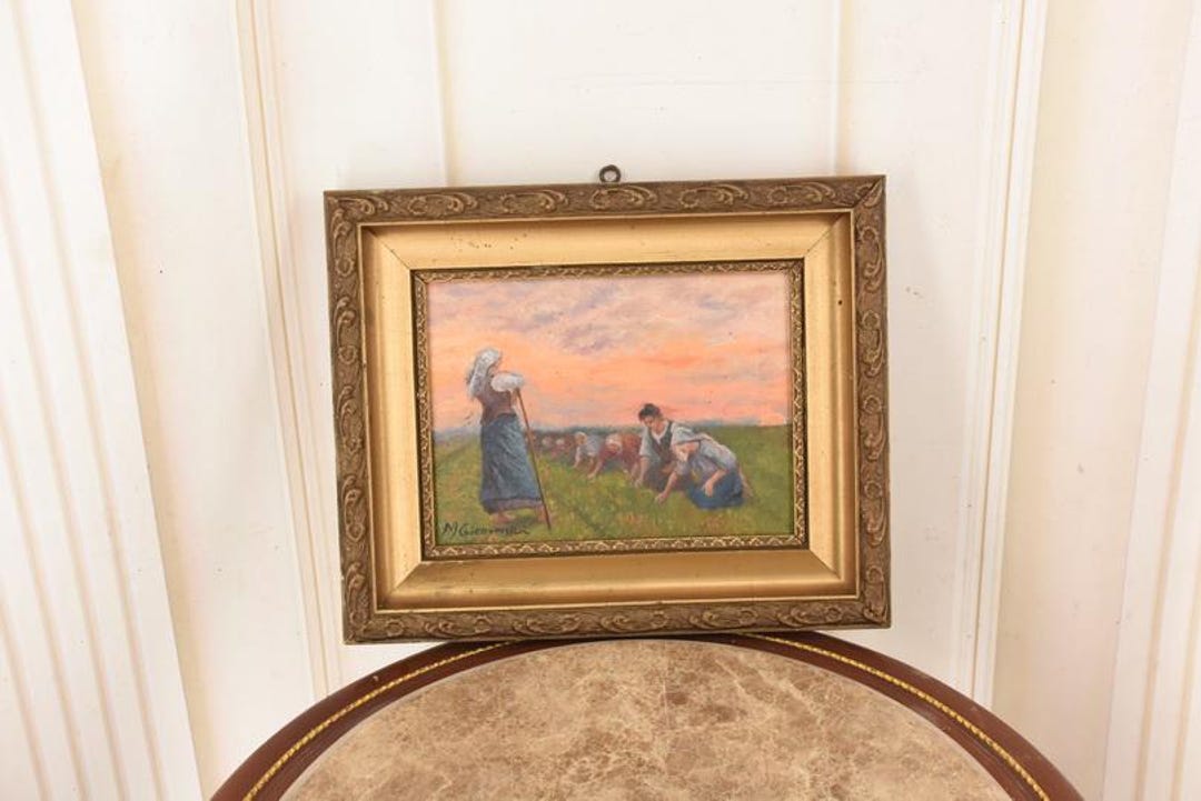 Antique Oil Painting on Wood – Field Work During Potato Harvest ...