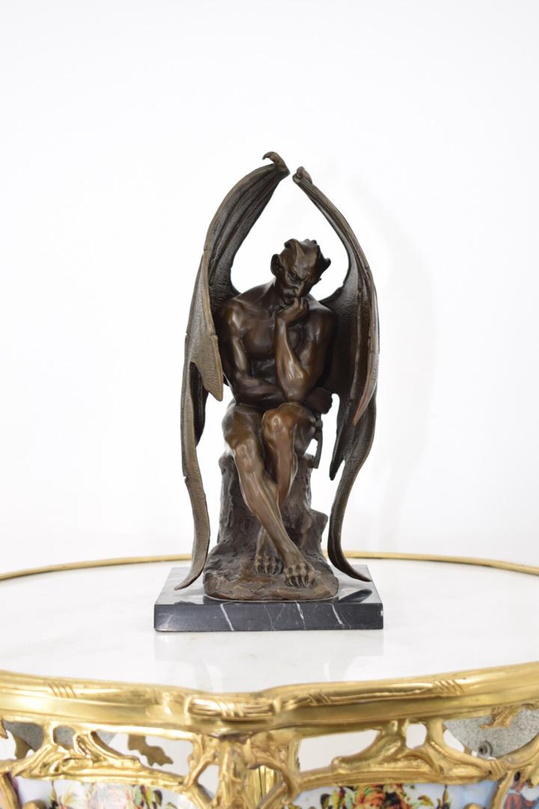 Winged Lucifer Bronze Statue - Vintage Devil on Marble Base - Etsy